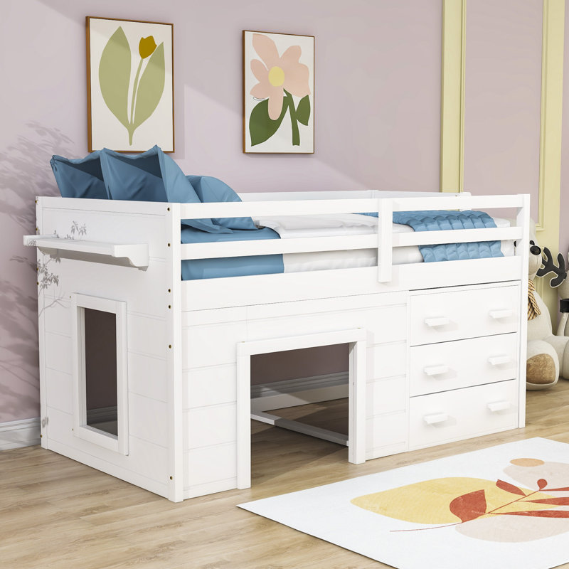 Harriet Bee Wood Loft Bed Twin Size Low Loft Bed With Drawers Wayfair